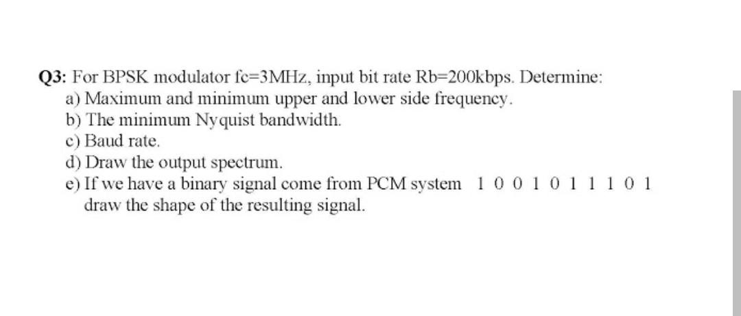Solved Q3: For BPSK modulator fc=3MHz, input bit rate | Chegg.com
