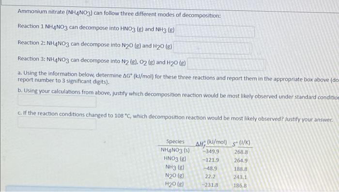 Solved Ammonium nitrate (NH4NO3) can follow three different | Chegg.com