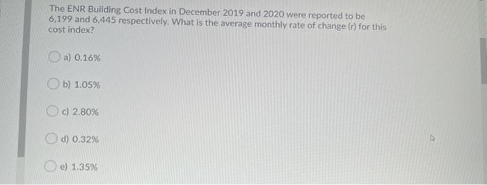 Solved The ENR Building Cost Index in December 2019 and 2020 | Chegg.com
