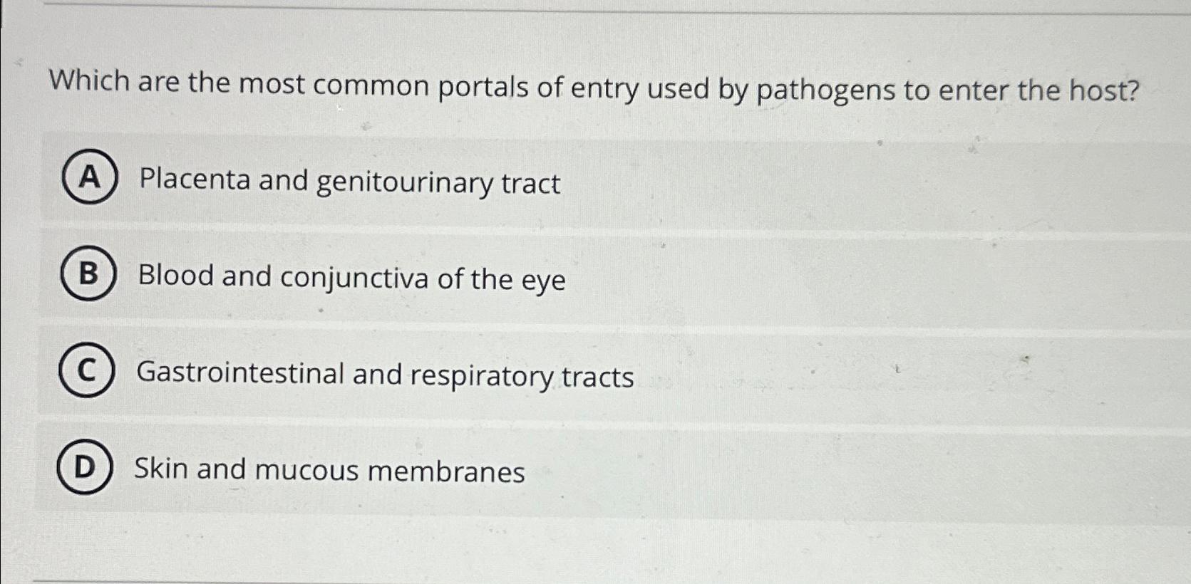 Solved Which are the most common portals of entry used by | Chegg.com