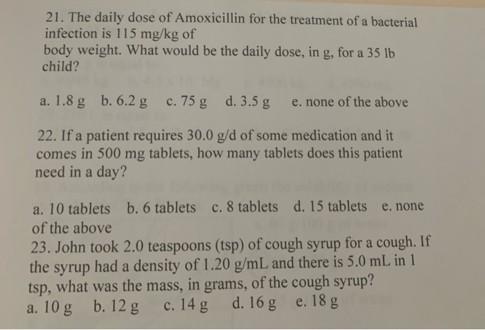 Solved 21. The daily dose of Amoxicillin for the treatment | Chegg.com