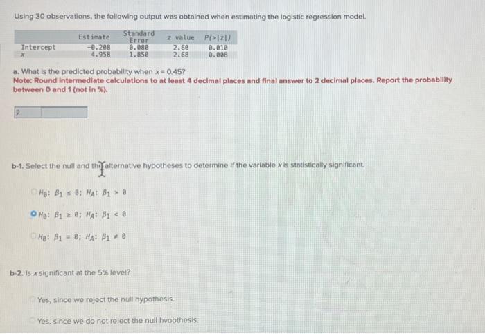 Solved Using 30 observations, the following output was | Chegg.com