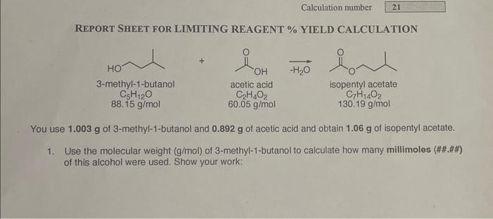 Solved REPORT SHEET FOR LIMITING REAGENT \% YIELD | Chegg.com