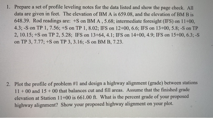 Solved 1. Prepare a set of profile leveling notes for the | Chegg.com