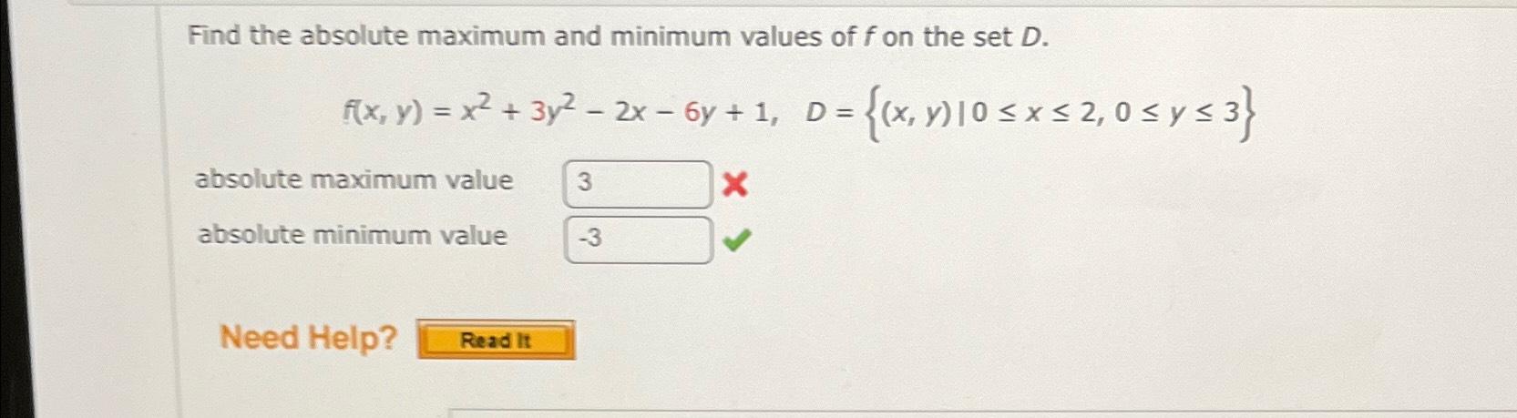 Solved Find the absolute maximum and minimum values of f ﻿on | Chegg.com
