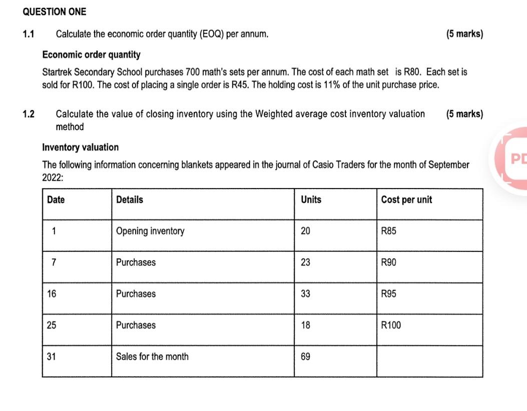 Solved QUESTION ONE 1.1 Calculate the economic order | Chegg.com