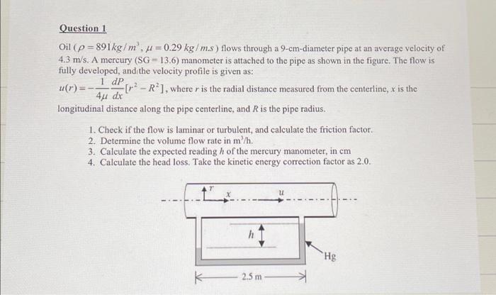 Solved Oil (ρ=891 kg/m3,μ=0.29 kg/m.s) flows through a | Chegg.com