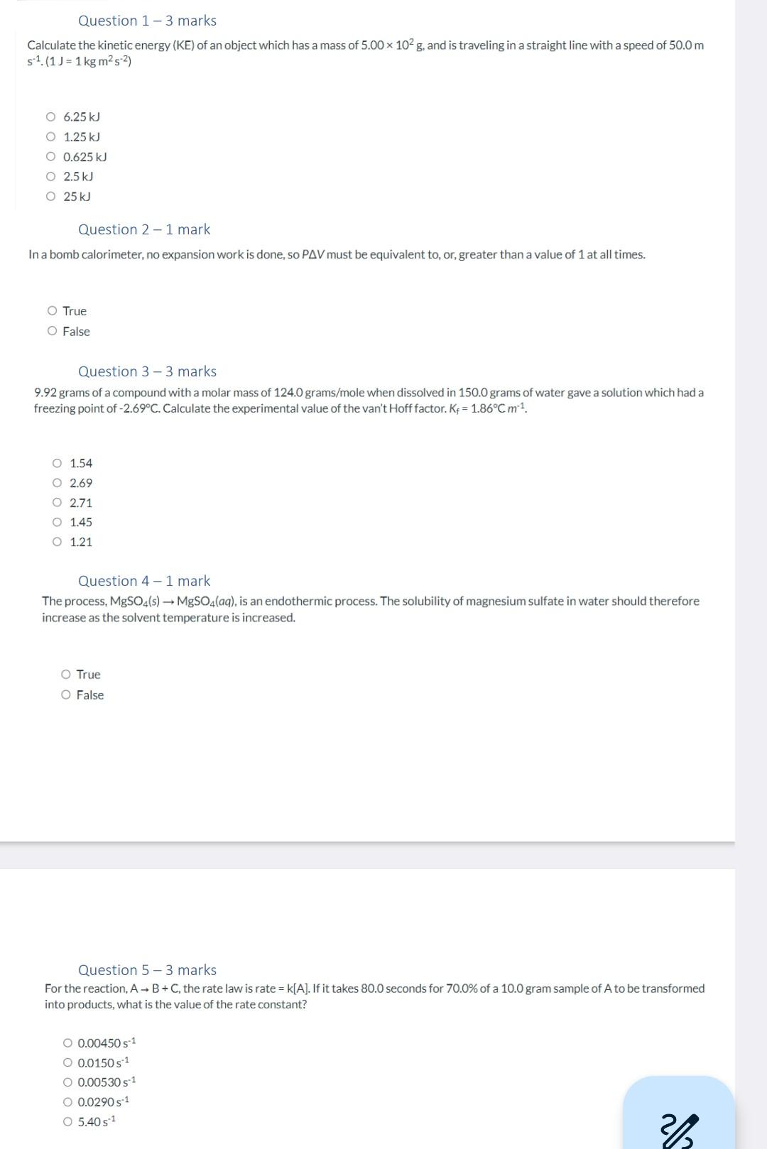Solved Question 1-3 marks Calculate the kinetic energy (KE) | Chegg.com