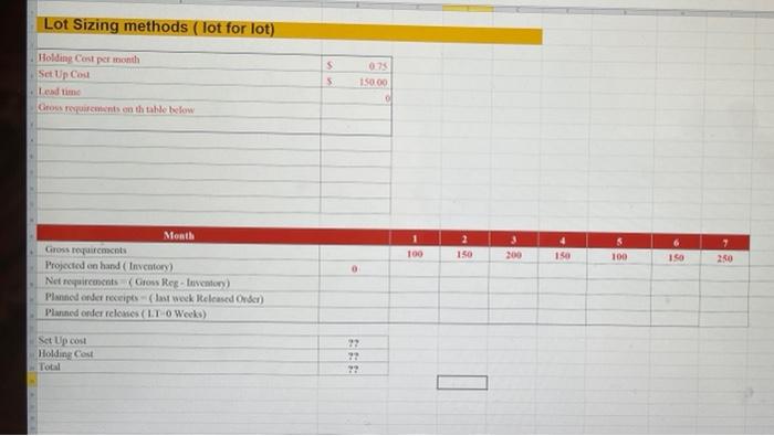 Lot Sizing methods (lot for lot) $ Holding Cost per | Chegg.com