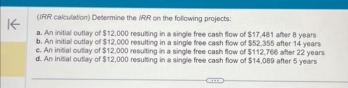 Solved K (IRR calculation) Determine the IRR on the | Chegg.com