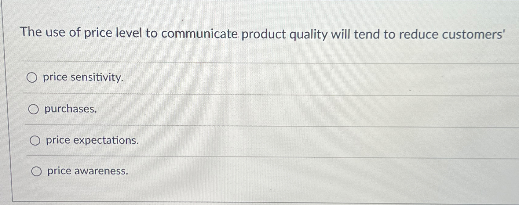 Solved The use of price level to communicate product quality | Chegg.com
