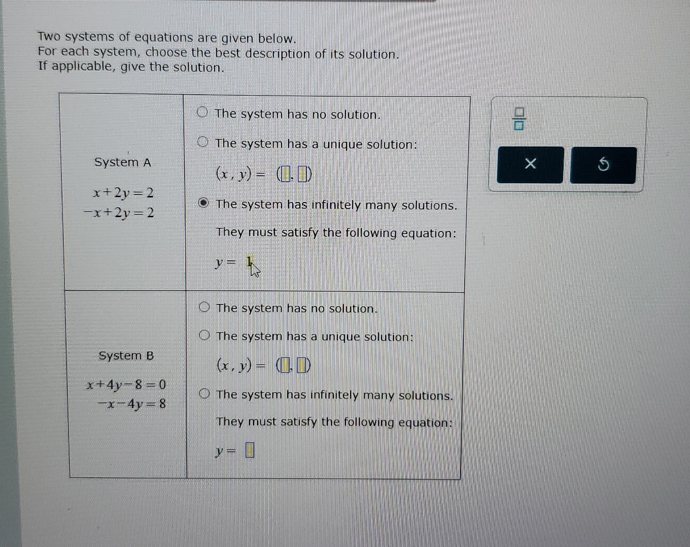 Solved The system has no solution.System Bx+4y-8=0-x-4y=8The | Chegg.com