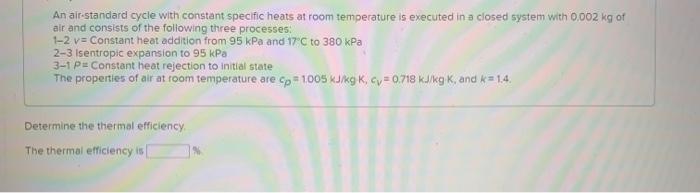 Solved An air-standard cycle with constant specific heats at | Chegg.com