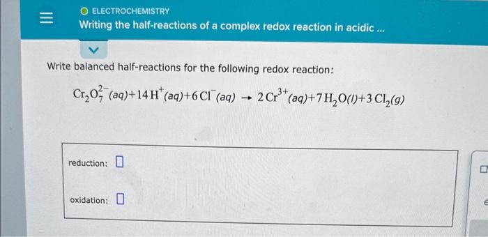 Solved Write balanced half-reactions for the following redox | Chegg.com