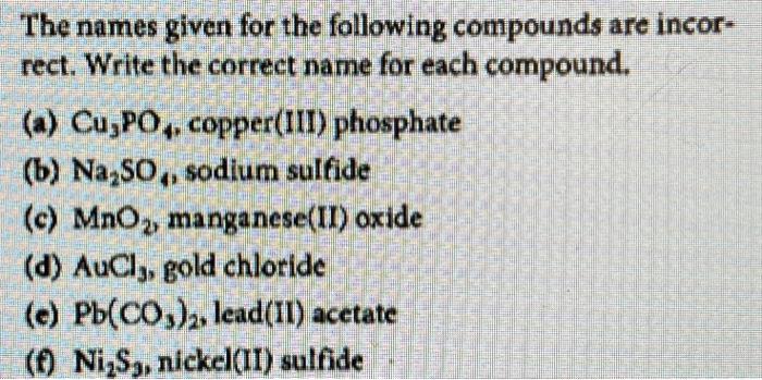 Solved The names given for the following compounds are | Chegg.com