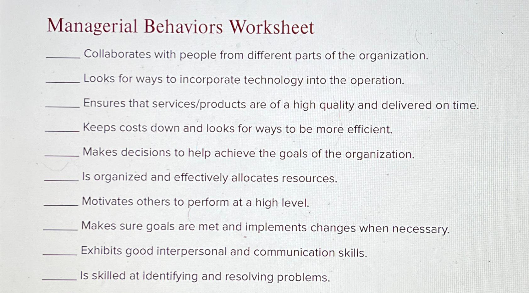 Solved Managerial Behaviors WorksheetCollaborates with | Chegg.com