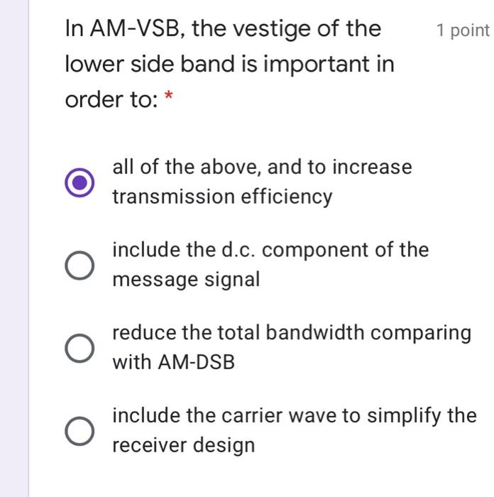 Solved 1 point In AM-VSB, the vestige of the lower side band | Chegg.com