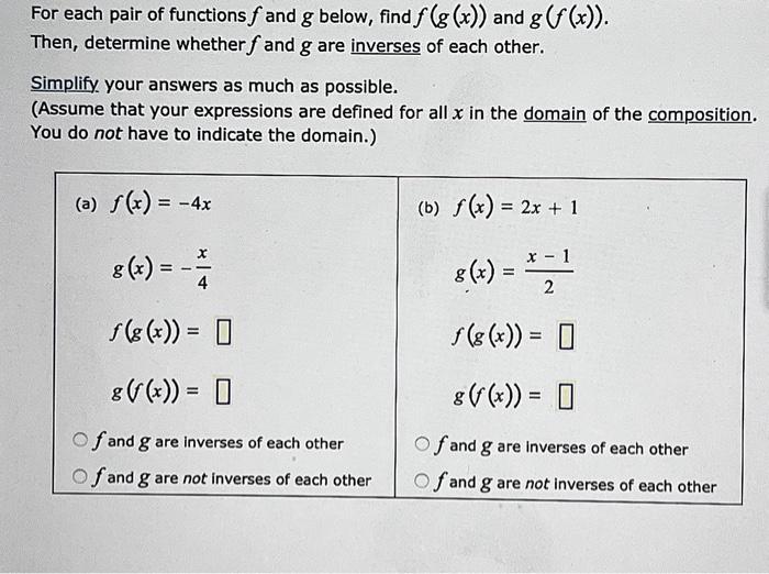 Solved For each pair of functions f and g below, find | Chegg.com