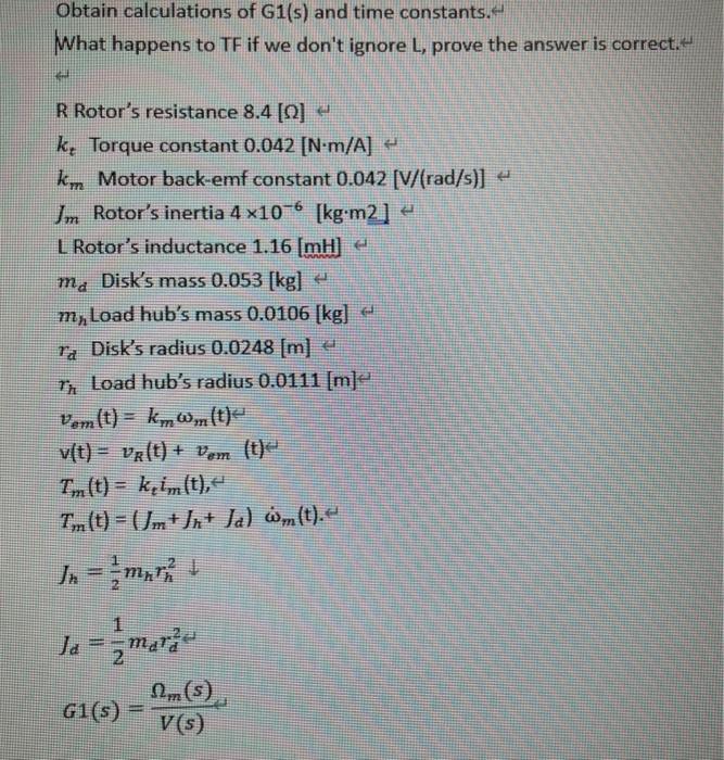 Obtain calculations of G1( s) and time constants. | Chegg.com
