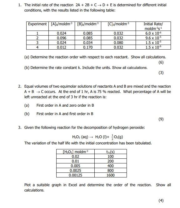 Solved 1 The Initial Rate Of The Reaction 2a 2b C→d E Is