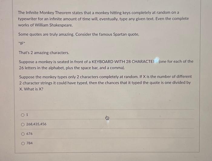 Solved The Infinite Monkey Theorem states that a monkey | Chegg.com
