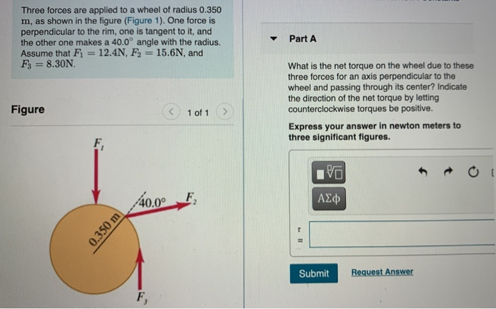 Solved Three forces are applied to a wheel of radius 0.350 | Chegg.com