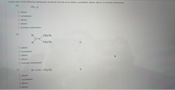 Solved Classify each of the following hydrocarbon structural | Chegg.com