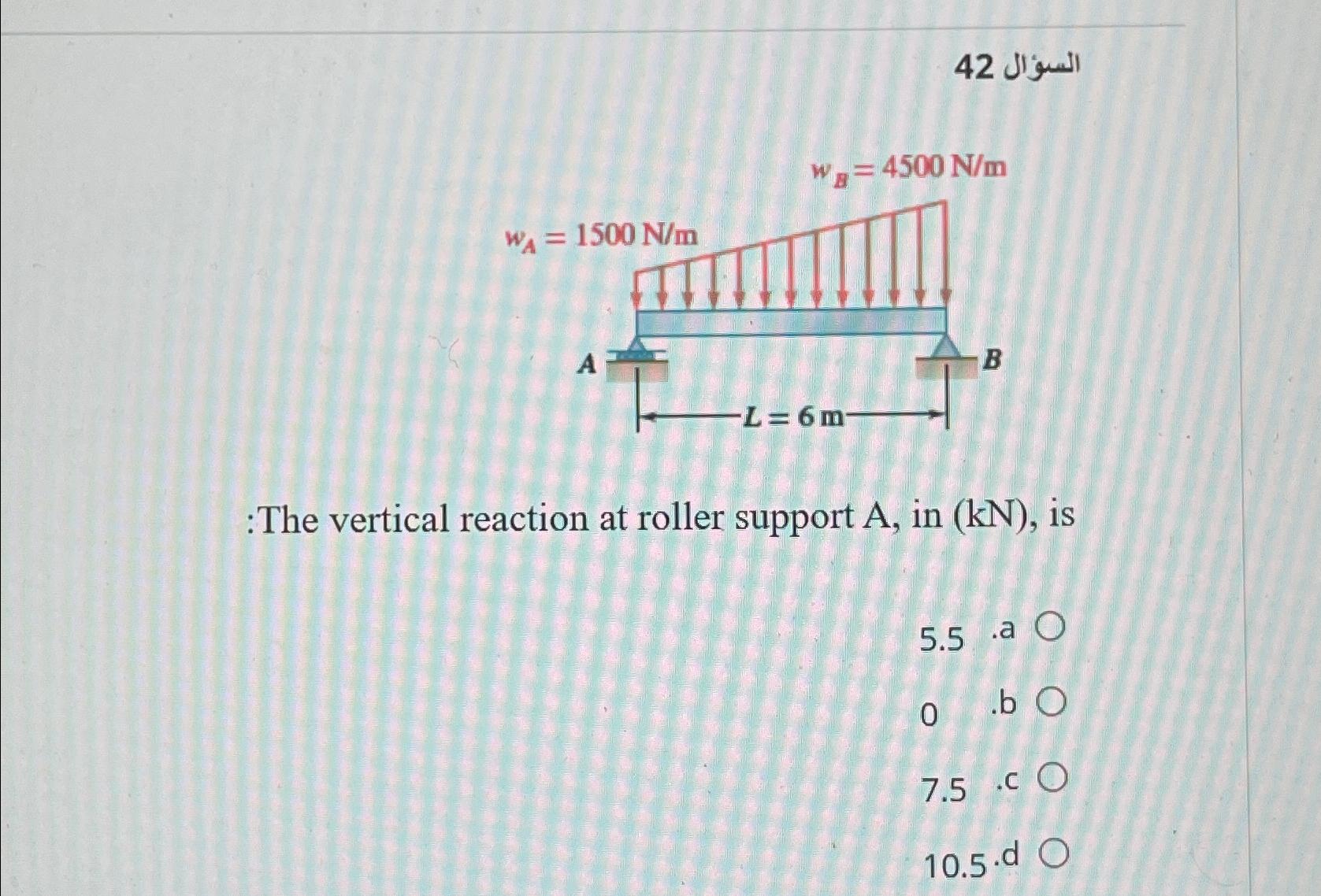 Solved السؤال 42:The vertical reaction at roller support A, | Chegg.com