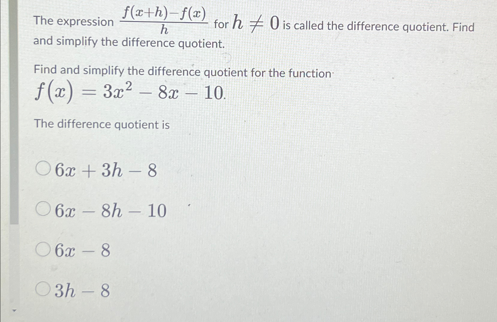 Solved The expression f(x+h)-f(x)h ﻿for h≠0 ﻿is called the | Chegg.com