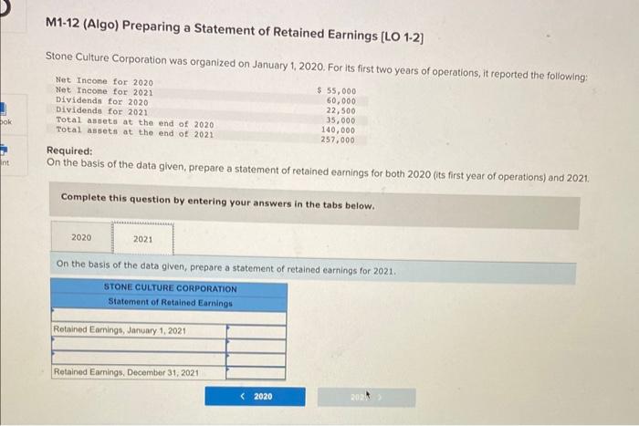Solved M1-12 (Algo) Preparing a Statement of Retained | Chegg.com