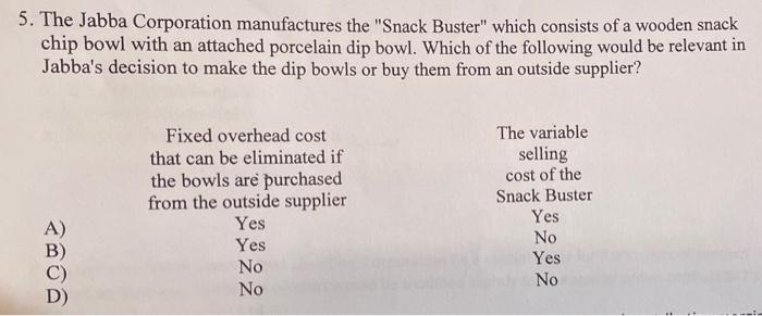 Solved 5. The Jabba Corporation manufactures the "Snack | Chegg.com
