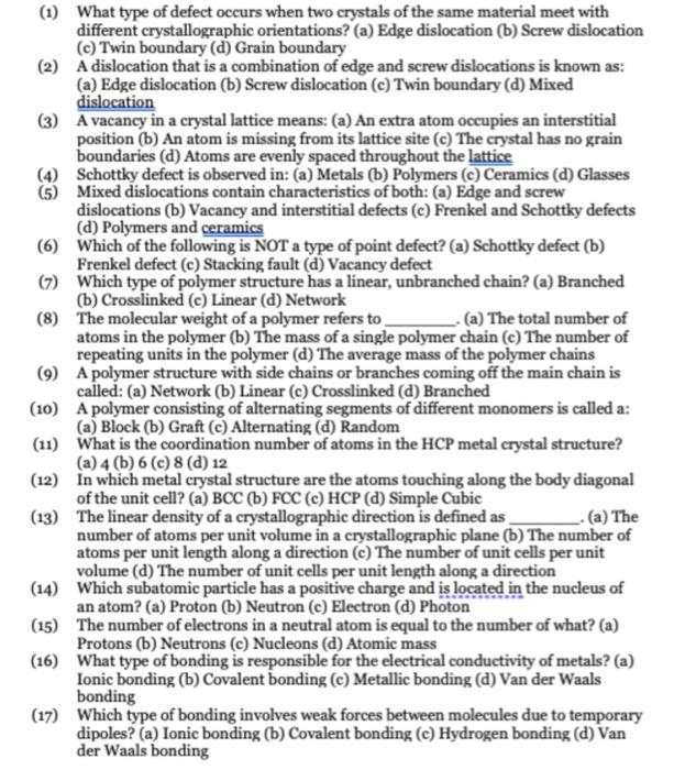 Solved (1) What type of defect occurs when two crystals of | Chegg.com