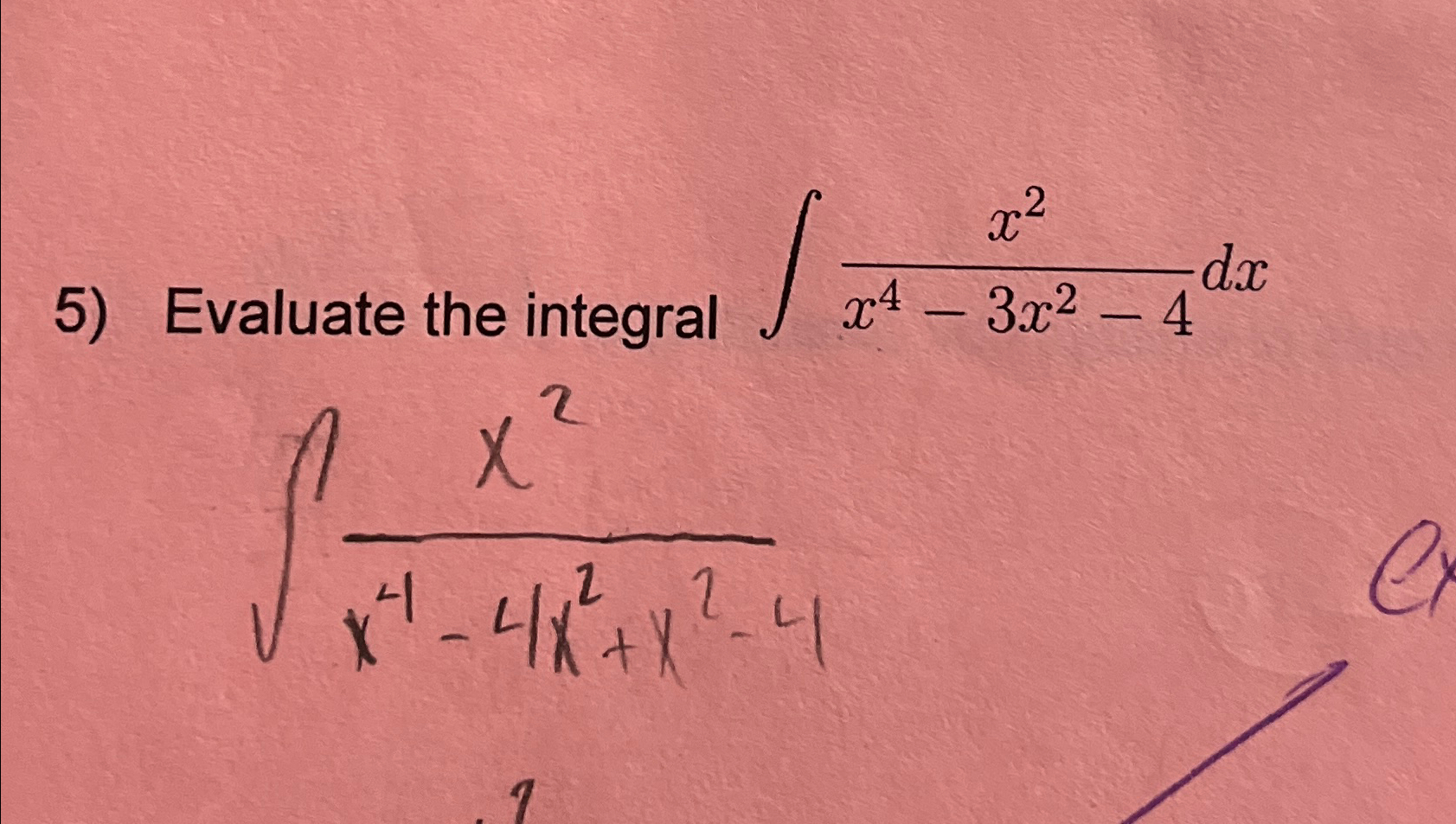 Solved Evaluate the integral ∫﻿﻿x2x4-3x2-4dx∫﻿﻿x2x4-4x2+x2-4 | Chegg.com
