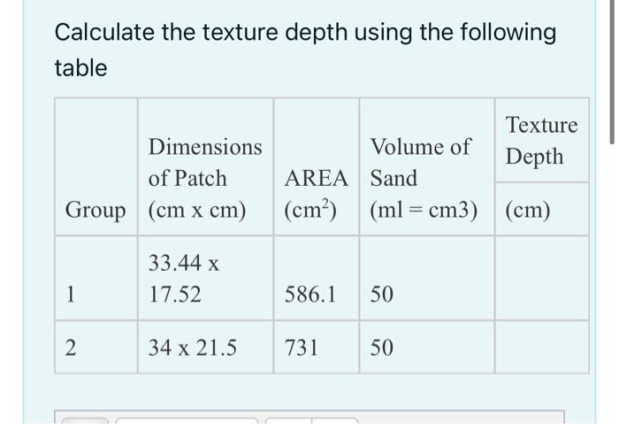 Solved Calculate the texture depth using the following table | Chegg.com