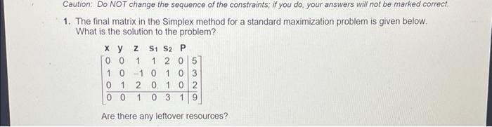 Solved 1. The final matrix in the Simplex method for a | Chegg.com
