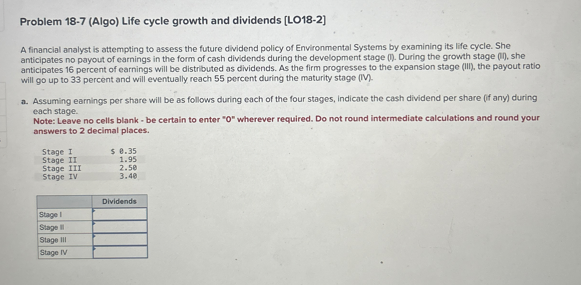 Solved Problem 18-7 (Algo) ﻿Life cycle growth and dividends | Chegg.com