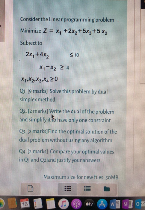 Solved Consider the Linear programming problem Minimize Z = | Chegg.com