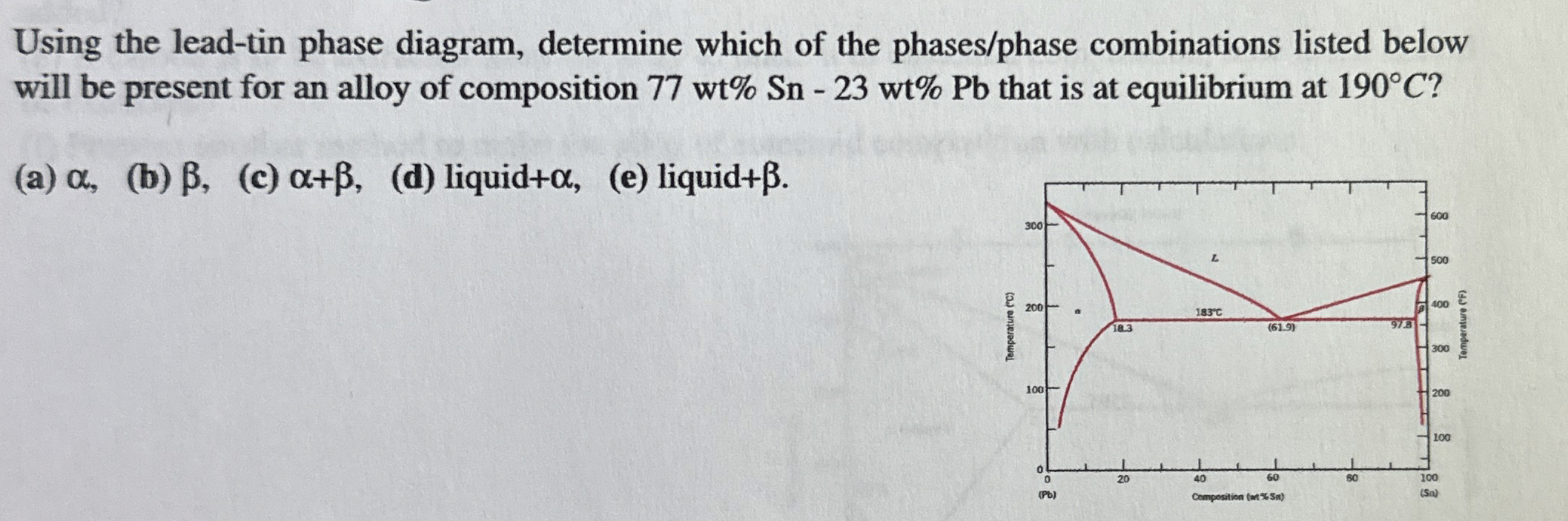 Solved Using the lead-tin phase diagram, determine which of | Chegg.com
