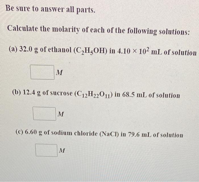 Solved Be sure to answer all parts. Calculate the molarity | Chegg.com