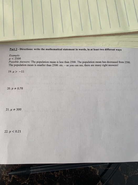 Solved Part 2 - Directions: write the mathematical statement | Chegg.com