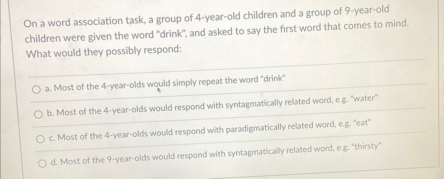 Solved On a word association task, a group of 4-year-old | Chegg.com