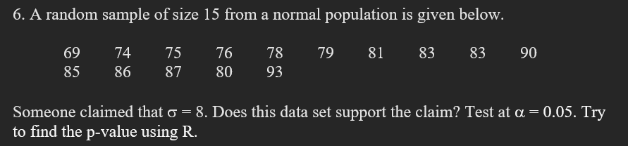 Solved A random sample of size 15 ﻿from a normal population | Chegg.com