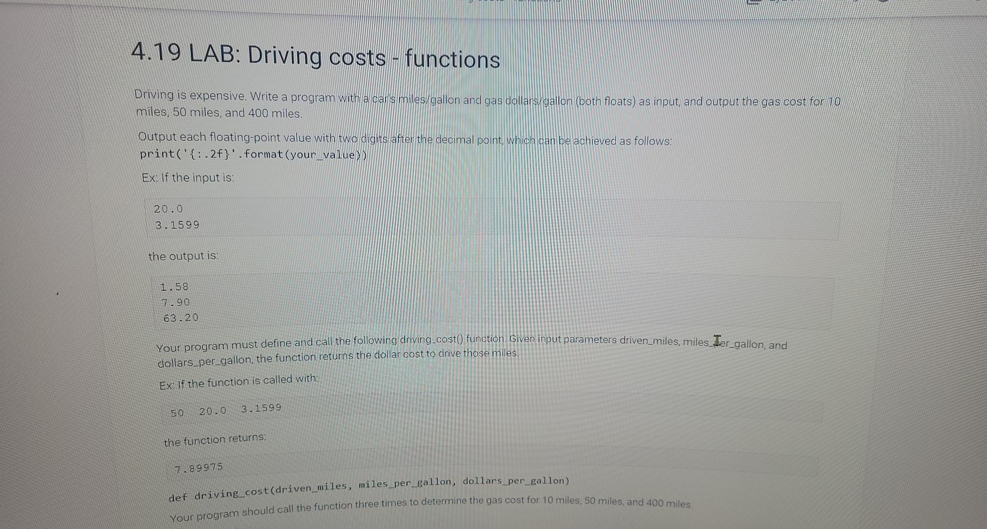 Solved 4.19 LAB: Driving costs - functions Driving is | Chegg.com