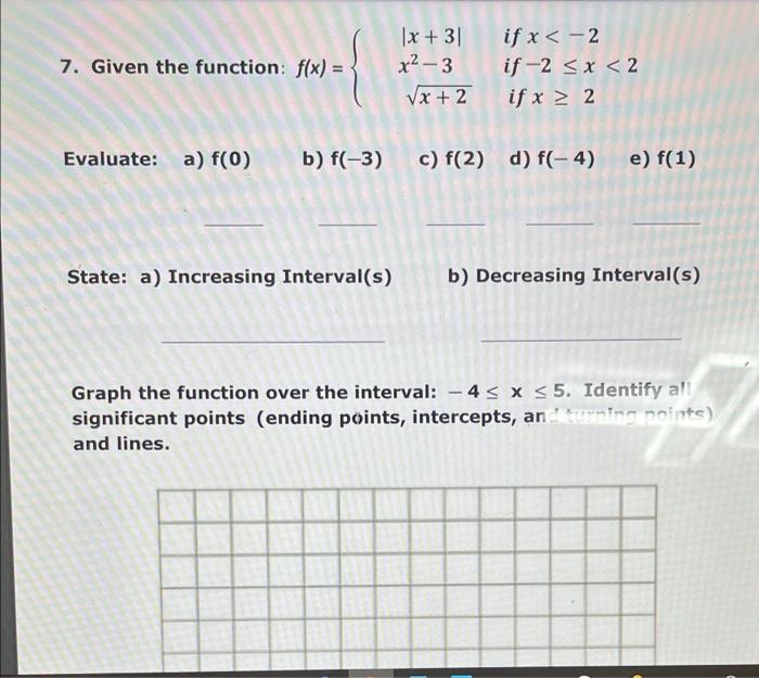 Solved 7. Given the function: f(x)=⎩⎨⎧∣x+3∣x2−3x+2 if x