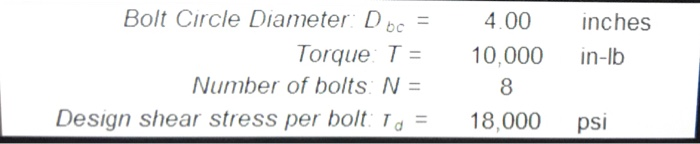 Solved Bolt Circle Diameter: Doc = Torque: T = Number of | Chegg.com