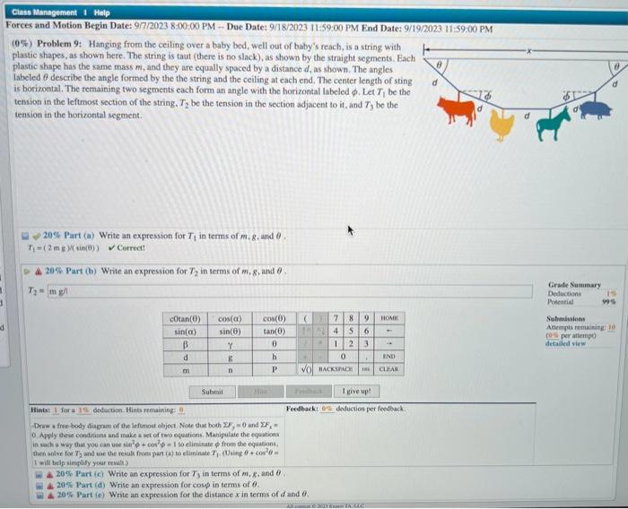 Solved (0\%) Problem 9: Hanging from the ceiling over a baby | Chegg.com