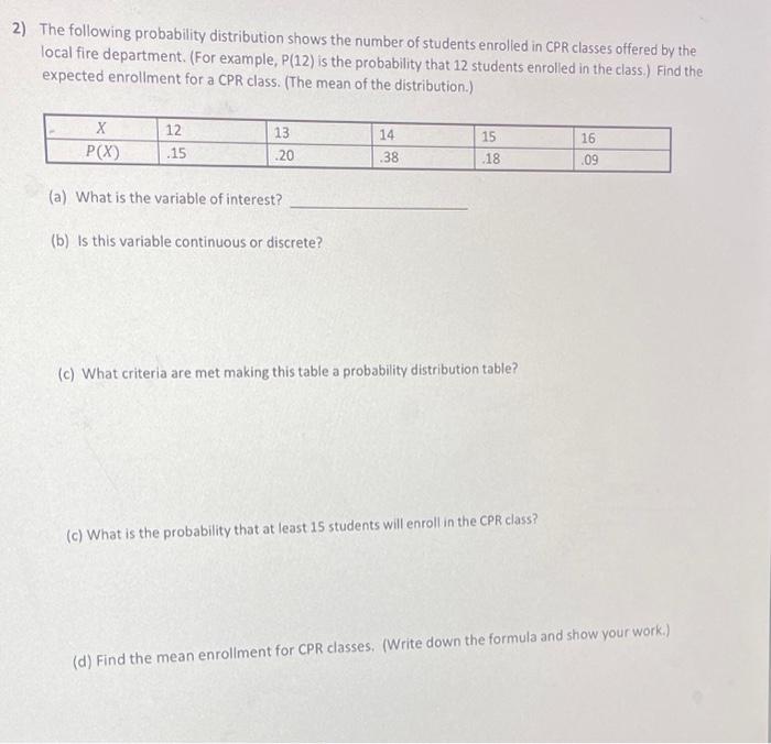 Solved The following probability distribution shows the | Chegg.com