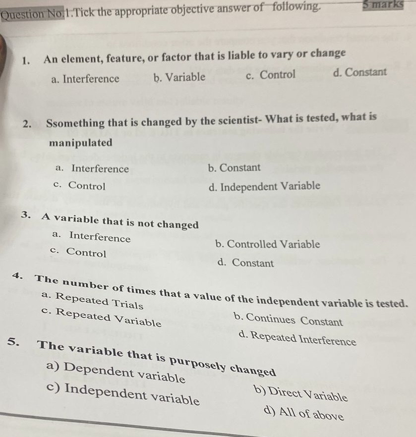 Solved Question No, 1. ﻿Tick the appropriate objective | Chegg.com