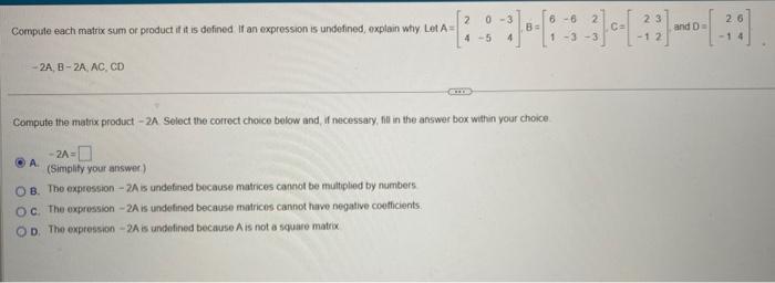Solved −2 A, B−2 A,AC,CD Compute the matrix product -2A | Chegg.com