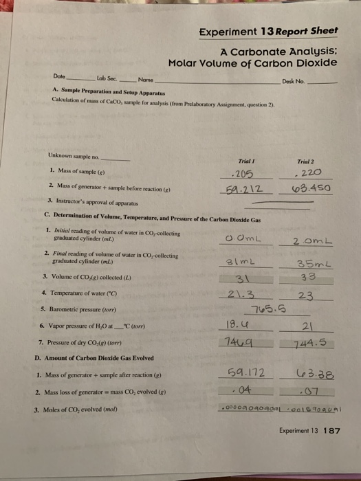 Solved Experiment 13 Report Sheet A Carbonate Analysis